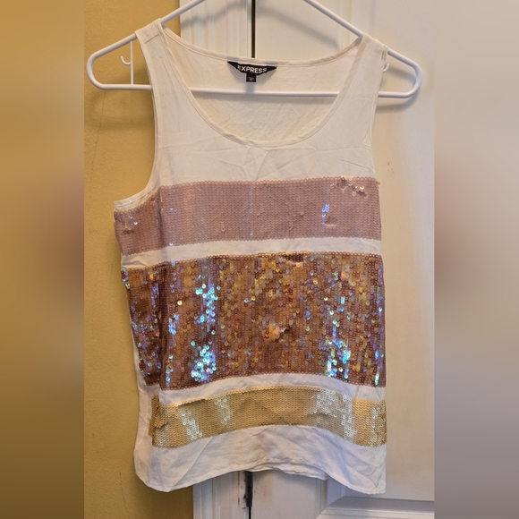 Express | Tops | Express Sequin Raglan Tank Top In Gold And Pink | Poshmark